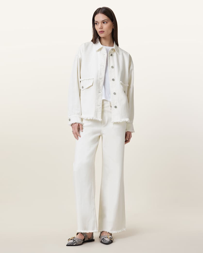 Hettie Frayed Oversized Cotton Shacket Off White | ALLSAINTS